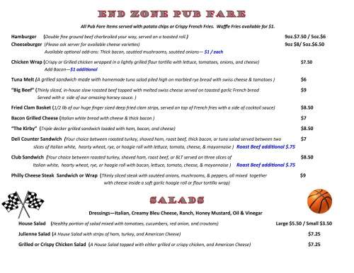 Endzone menu in Pulaski, New York, USA
