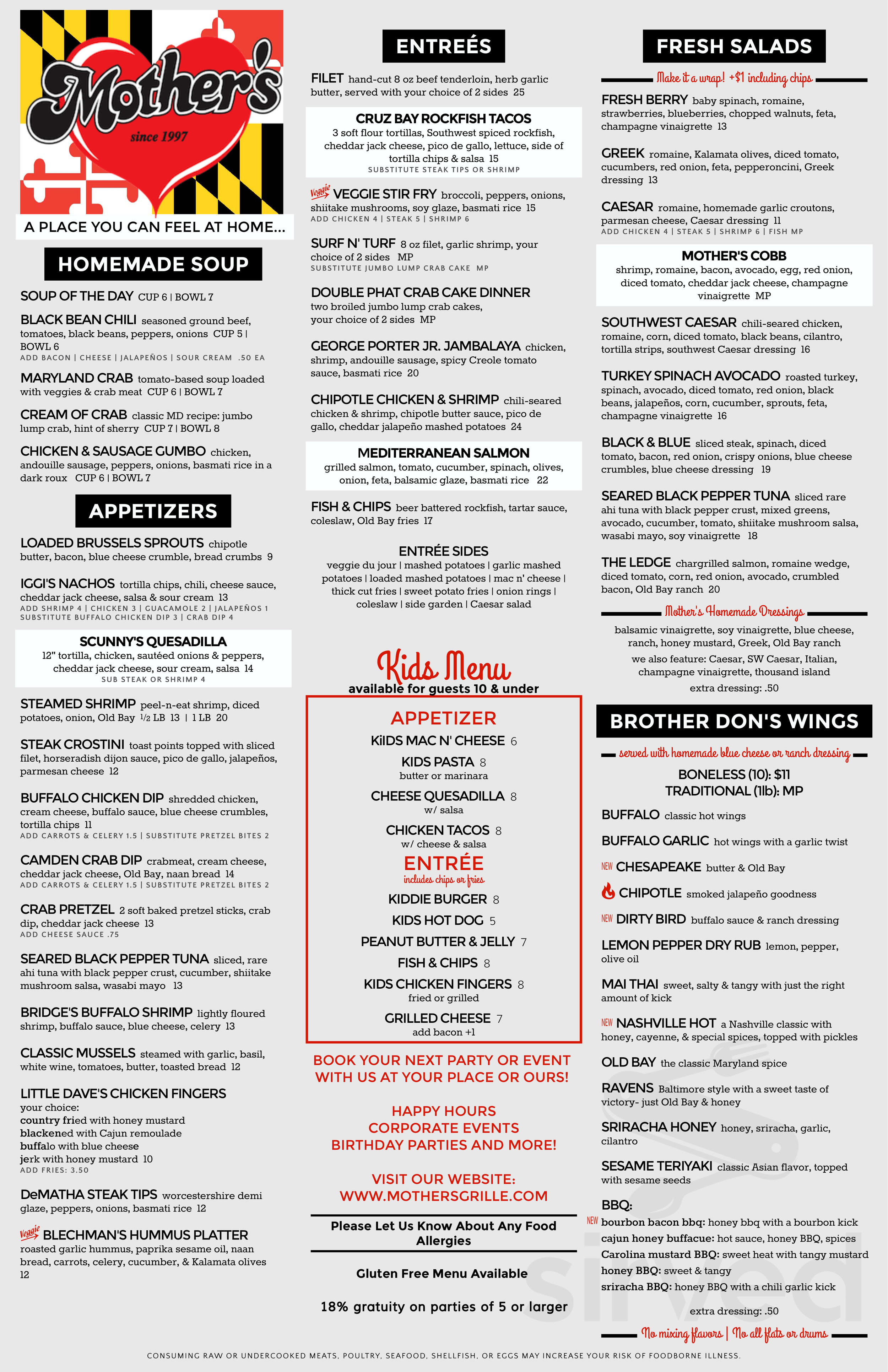 Menu - Baltimore MD's Mother's North Grille | Sirved