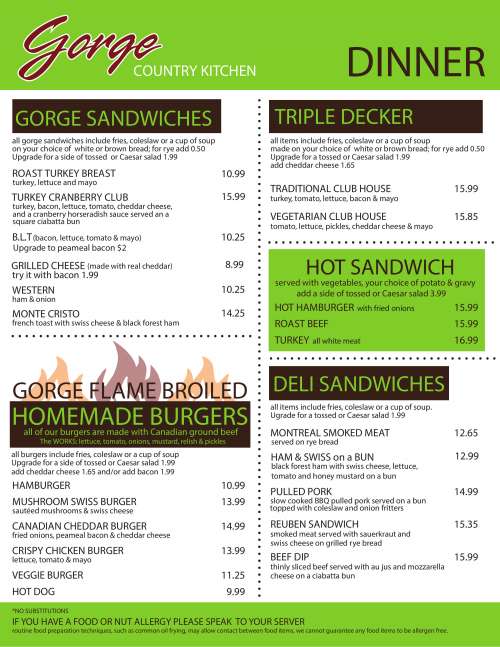 Gorge Country Kitchen menu in Elora, Ontario, Canada