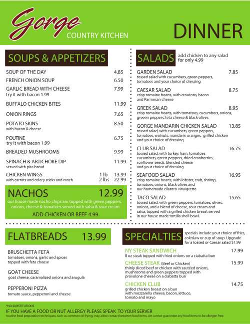 Gorge Country Kitchen menu in Elora, Ontario, Canada