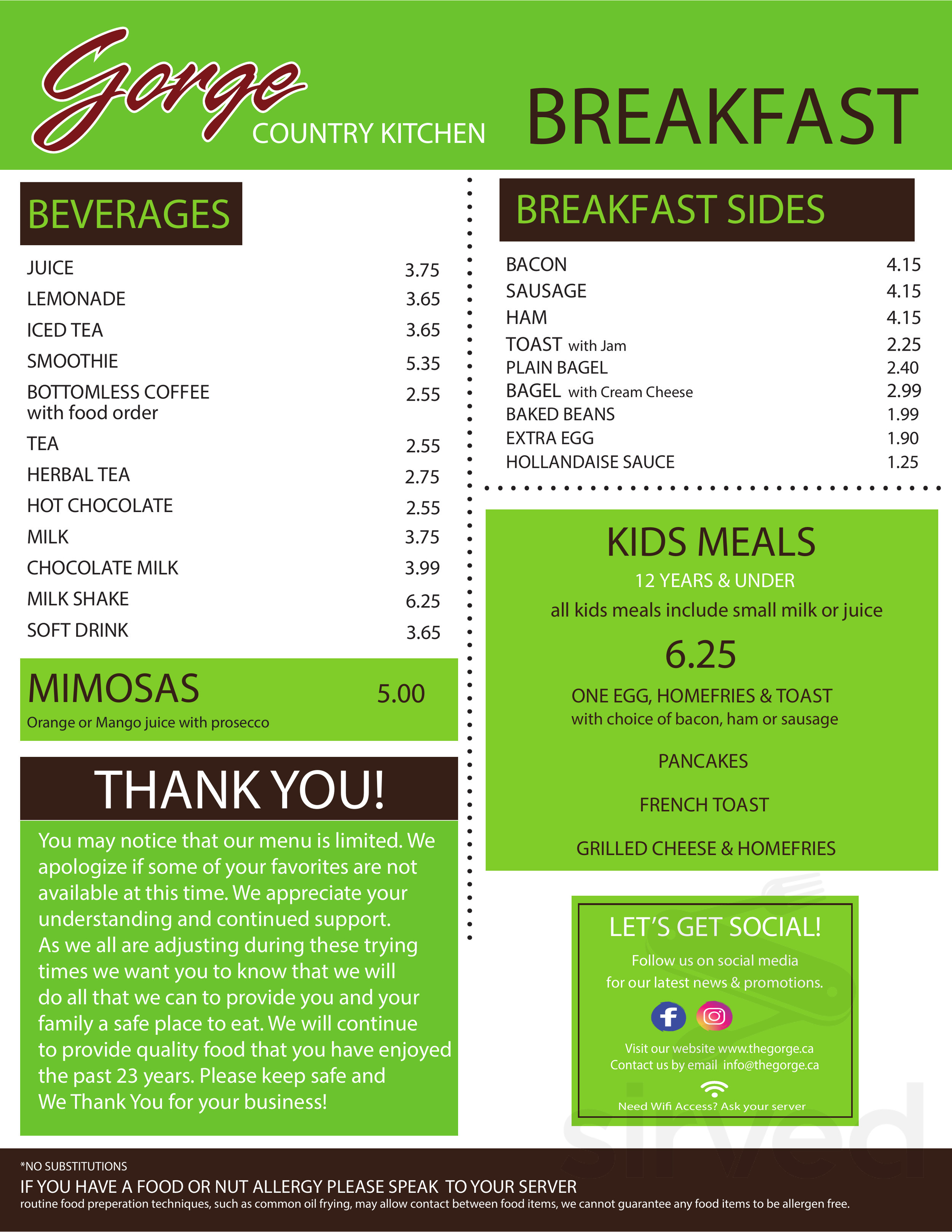 Gorge Country Kitchen menus in Elora, Ontario, Canada