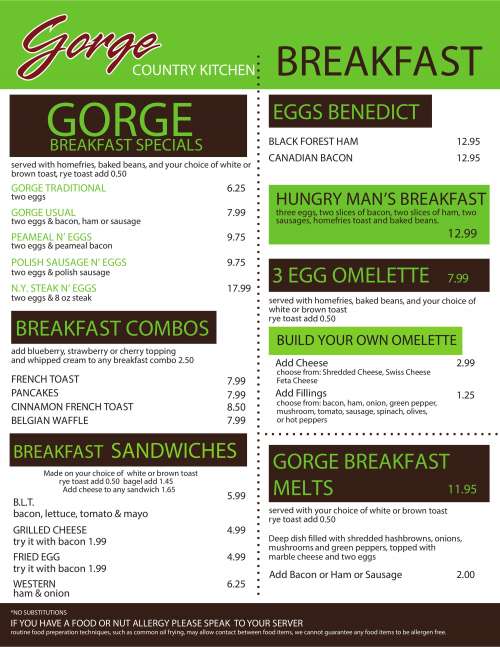 Gorge Country Kitchen menu in Elora, Ontario, Canada