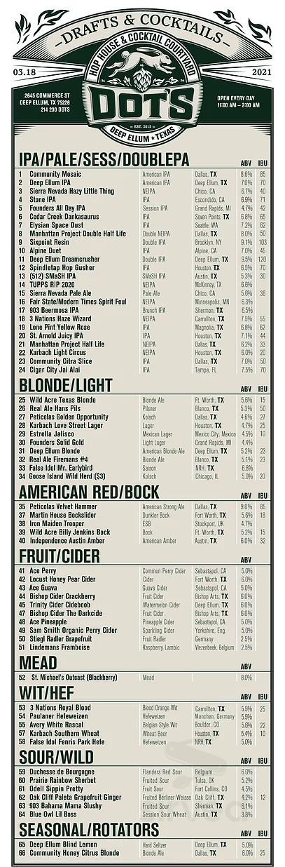 Dot's Hop House & Cocktail Courtyard menus in Dallas, Texas, United States
