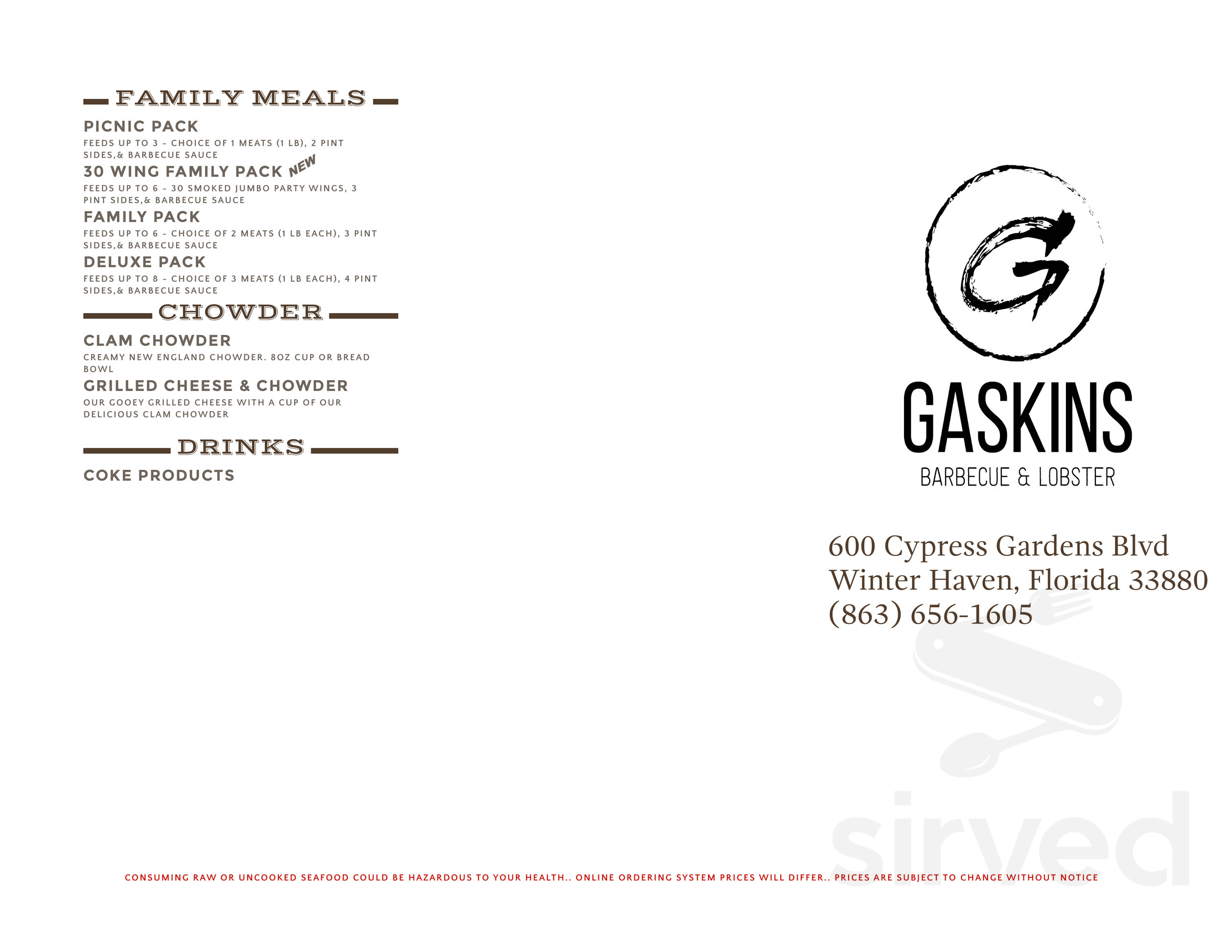 Gaskins Barbecue and Lobster menu in Lakeland, Florida, USA