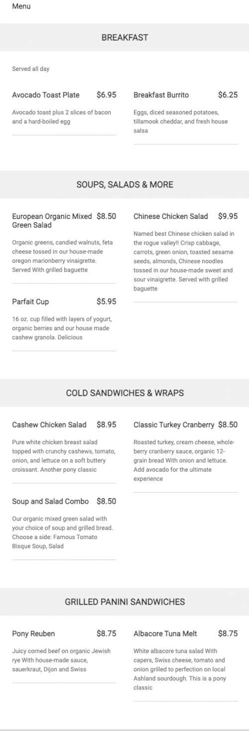 Pony Espresso menu in Southern Pines, North Carolina, USA