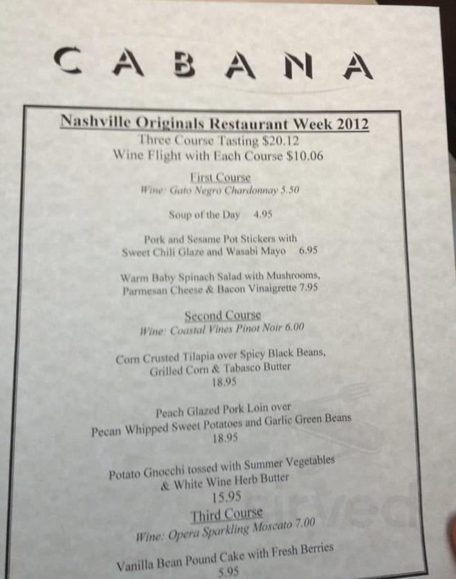 Cabana Taps menu in Nashville, Tennessee, USA