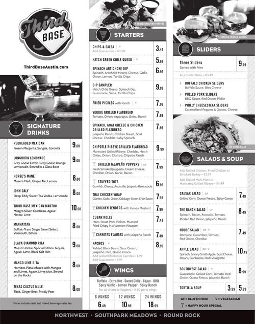Third Base menu in Round Rock, Texas, USA