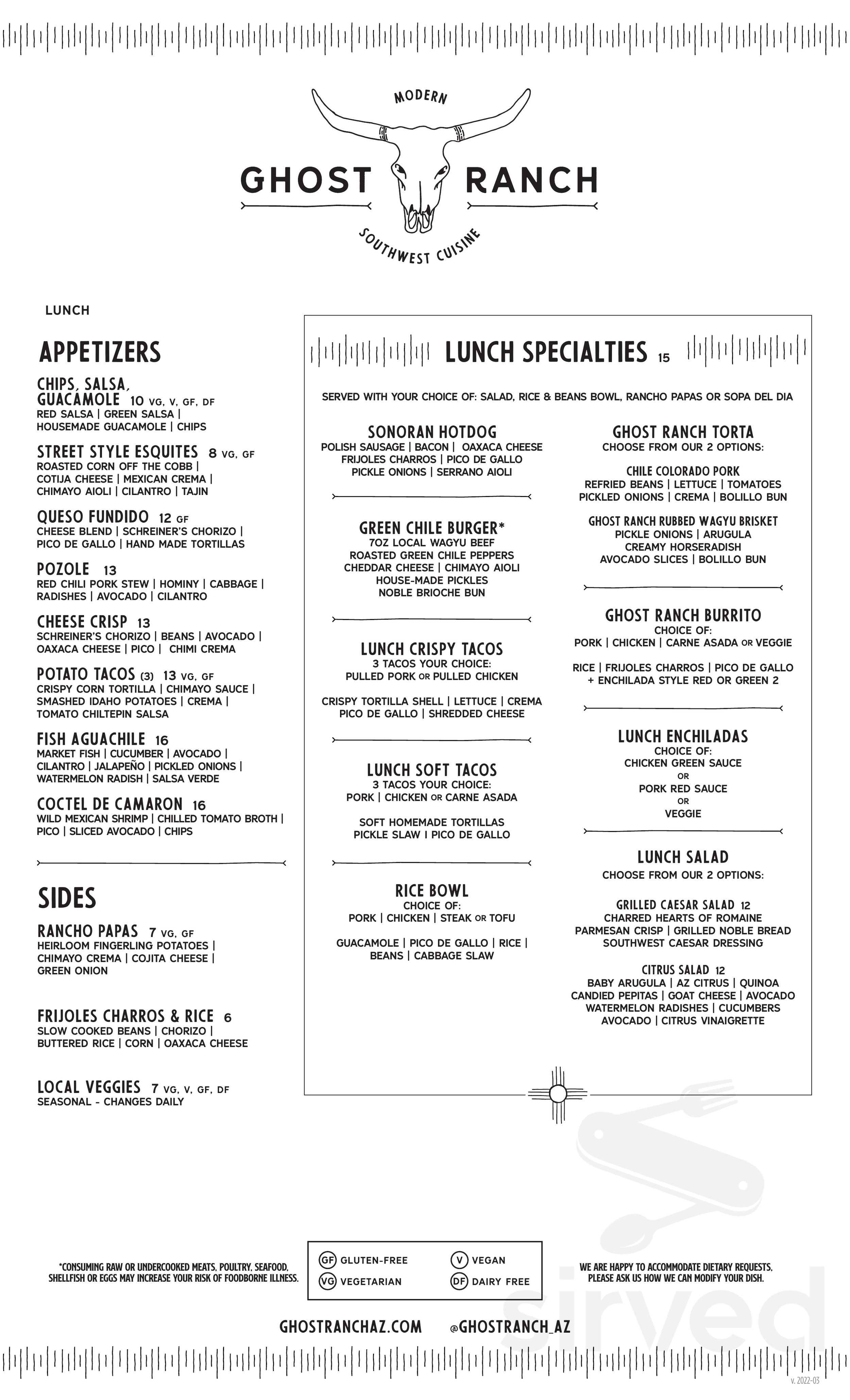 Ghost Ranch: Modern Southwest Cuisine menu in Tempe, Arizona, USA