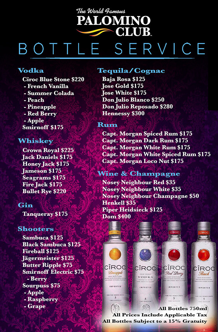 Menu - Winnipeg MB's World Famous Palomino Club | Sirved