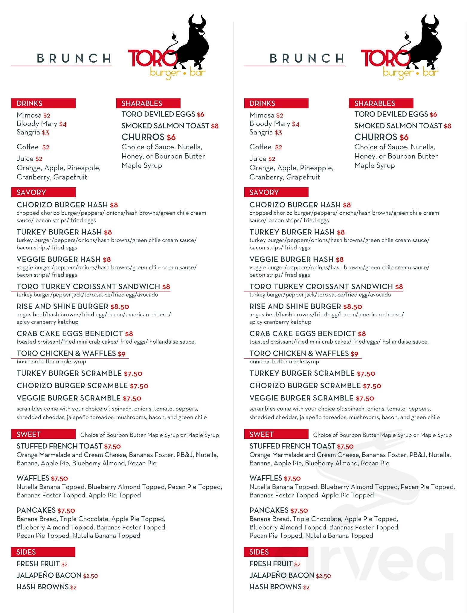 Toro Burger Bar menu in Horizon City, Texas, USA