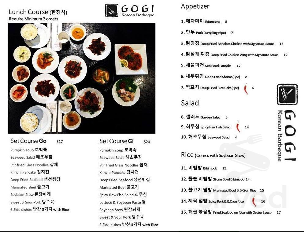 GOGI Korean BBQ menu in Calgary, Alberta, Canada