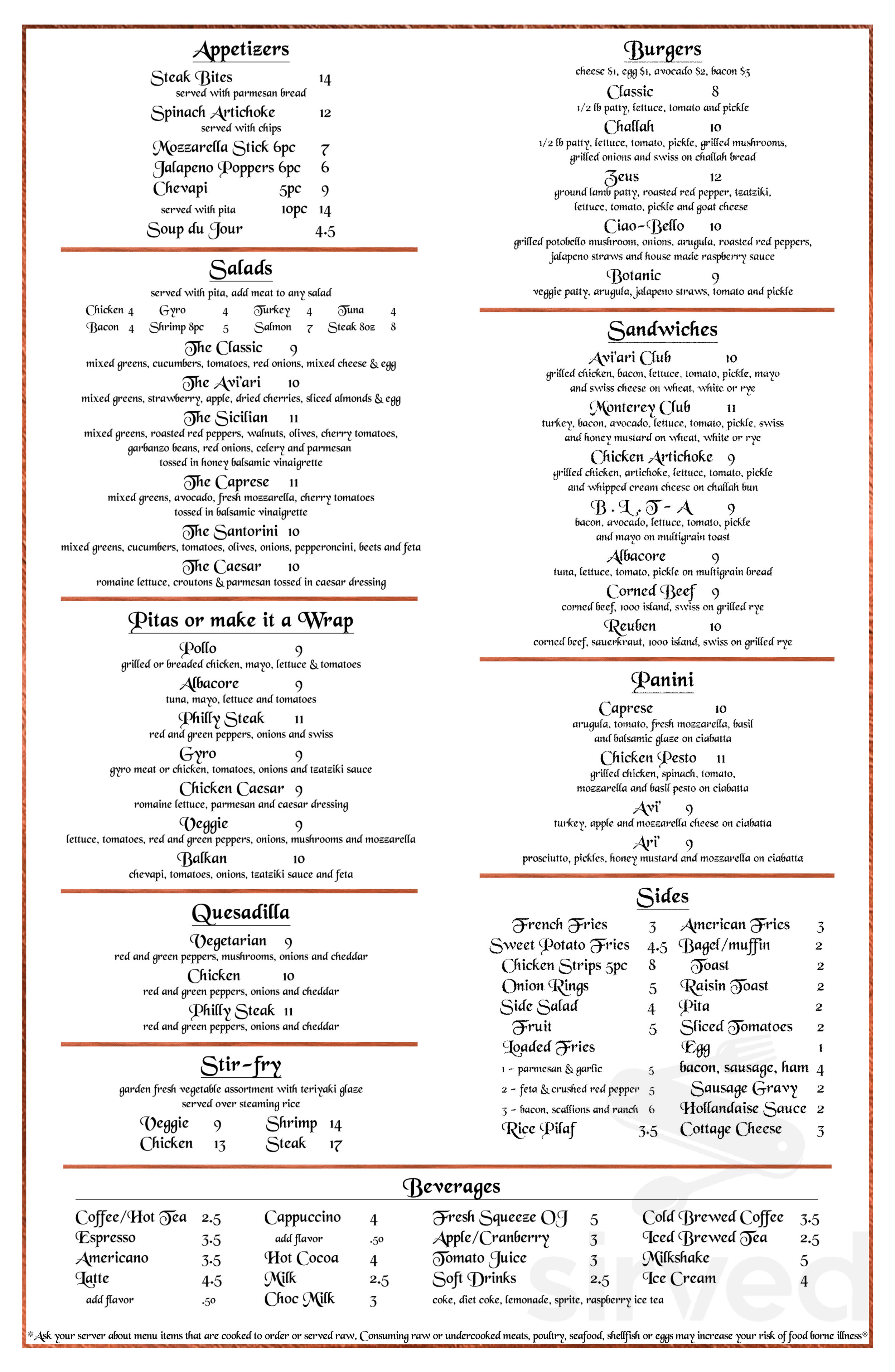 Avi'ari Cuisine menu in Shelby Twp, Michigan, USA