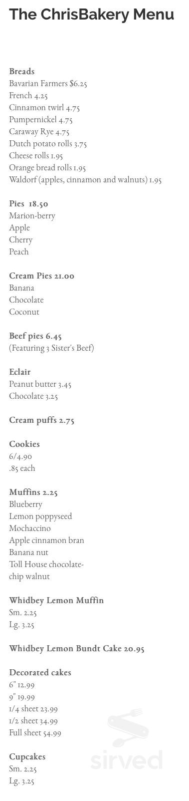 Chris' Bakery menu in Oak Harbor, Washington, USA