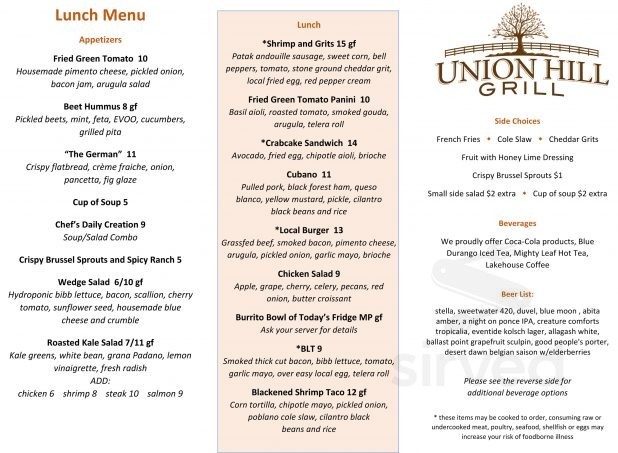 Union Hill Grill menu in Canton, Georgia, USA