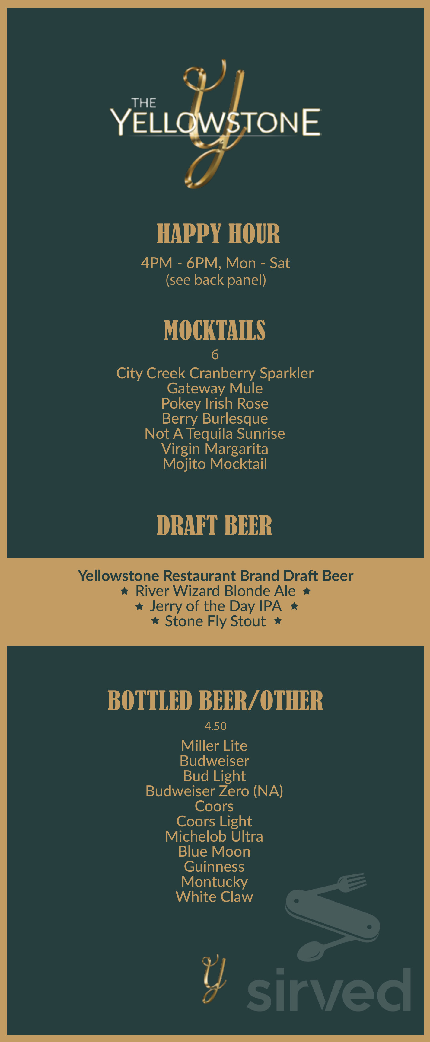 The Yellowstone Restaurant menu in Pocatello, Idaho, USA