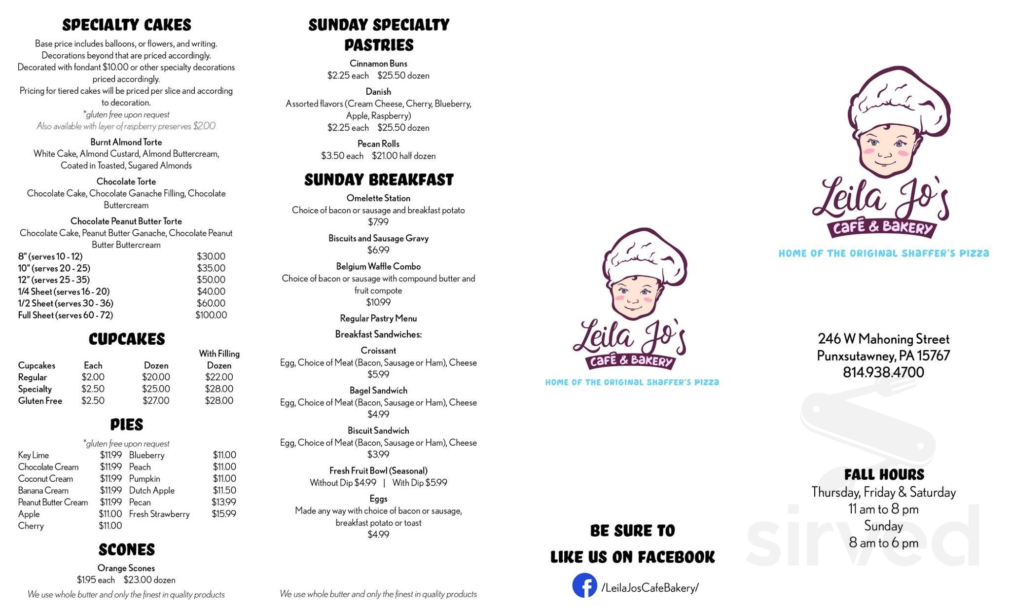 Menu - Punxsutawney PA's Leila Jo's Cafe & Bakery | Sirved