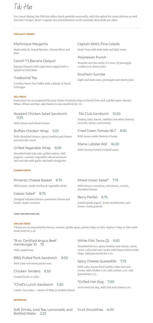 The Cypress Room menu in Myrtle Beach, South Carolina, USA