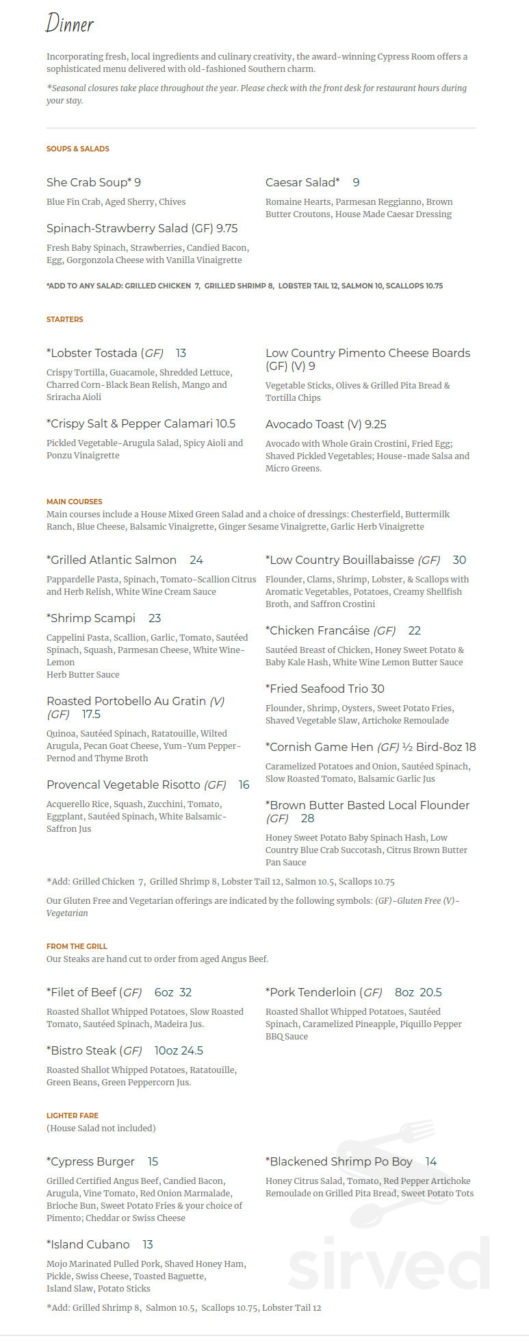 The Cypress Room menu in Myrtle Beach, South Carolina, USA