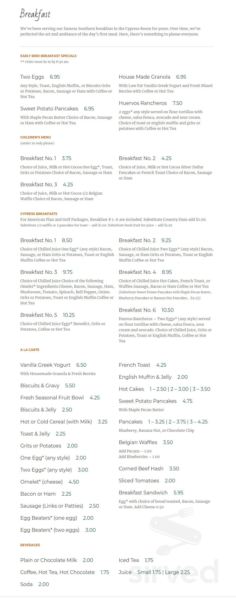 The Cypress Room menu in Myrtle Beach, South Carolina, USA