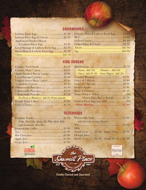 The Sawmill Place menu in Blairsville, Georgia, USA
