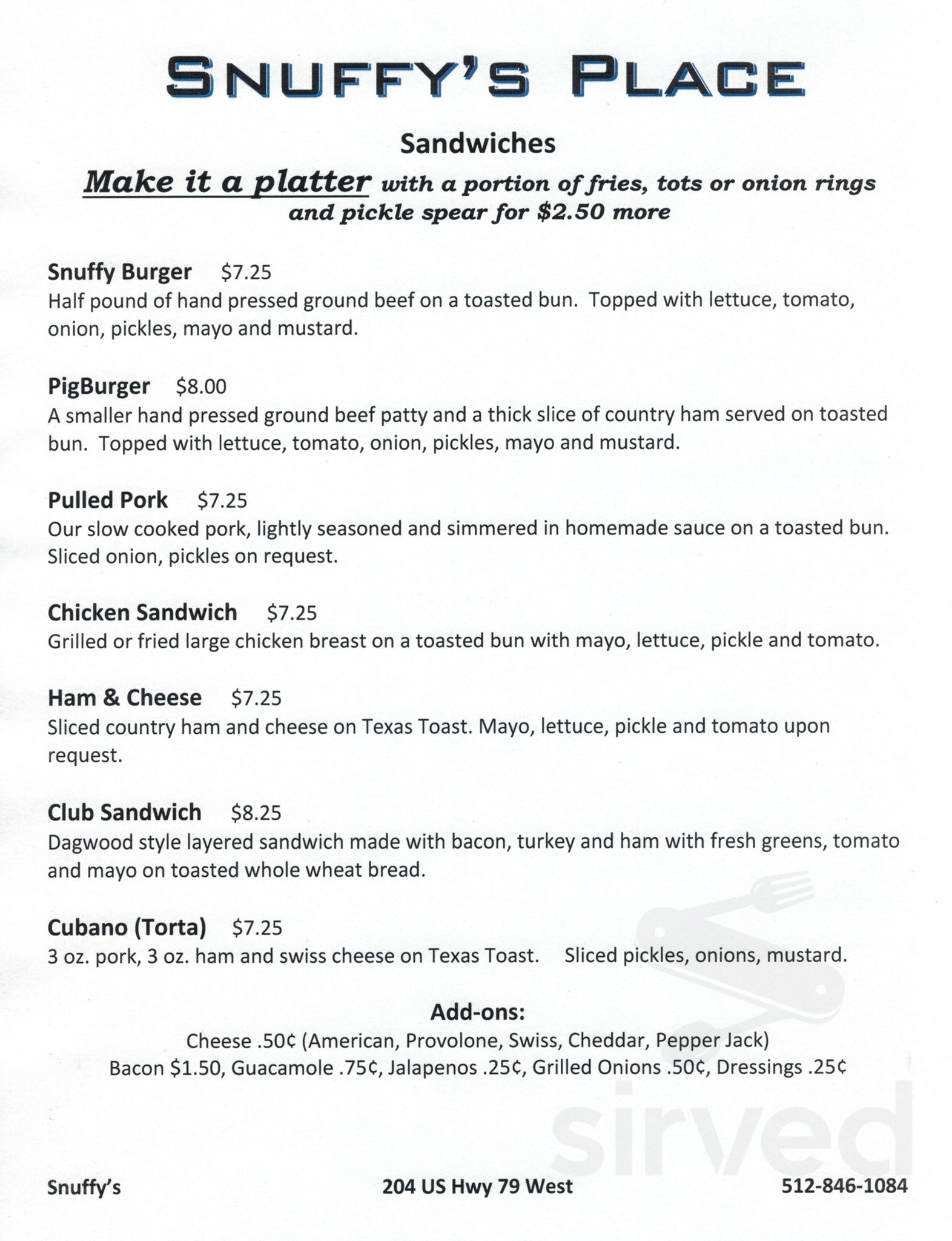 Snuffy's Bar & Grill menu in Hutto, Texas, USA