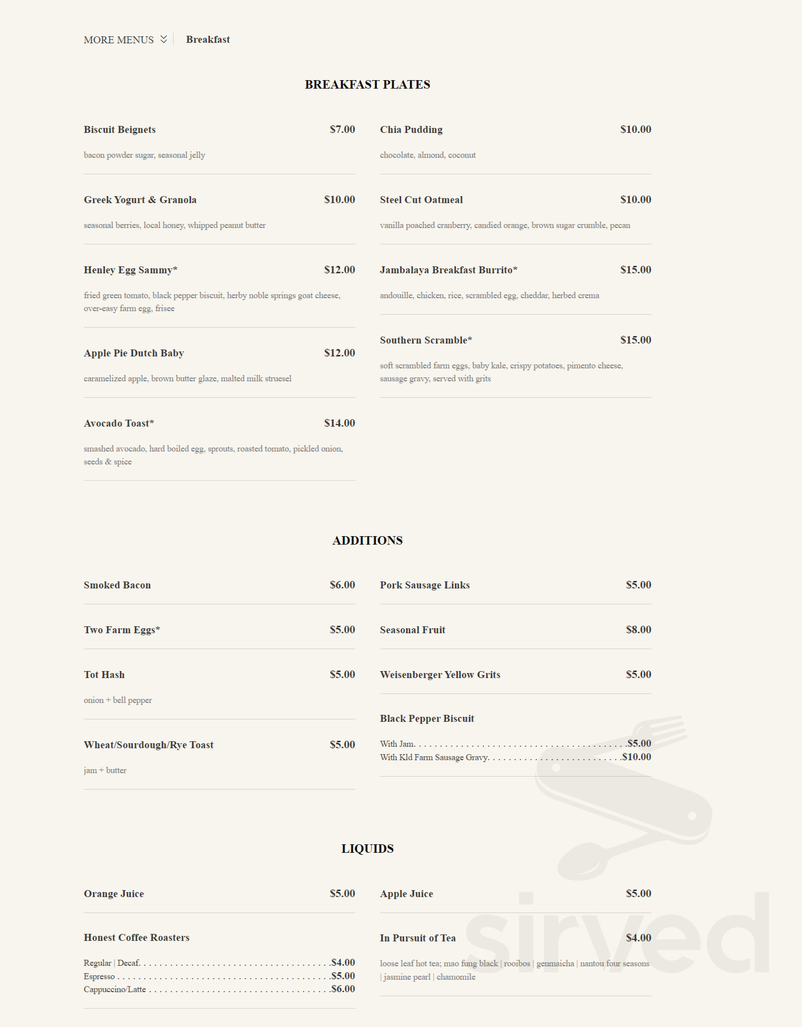 Henley menu in Nashville, Tennessee, USA