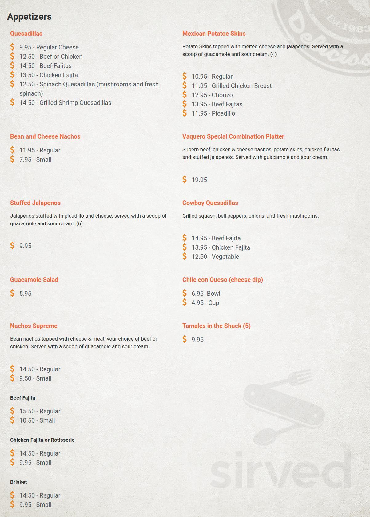 Menu - Fort Worth TX's Los Vaqueros | Sirved