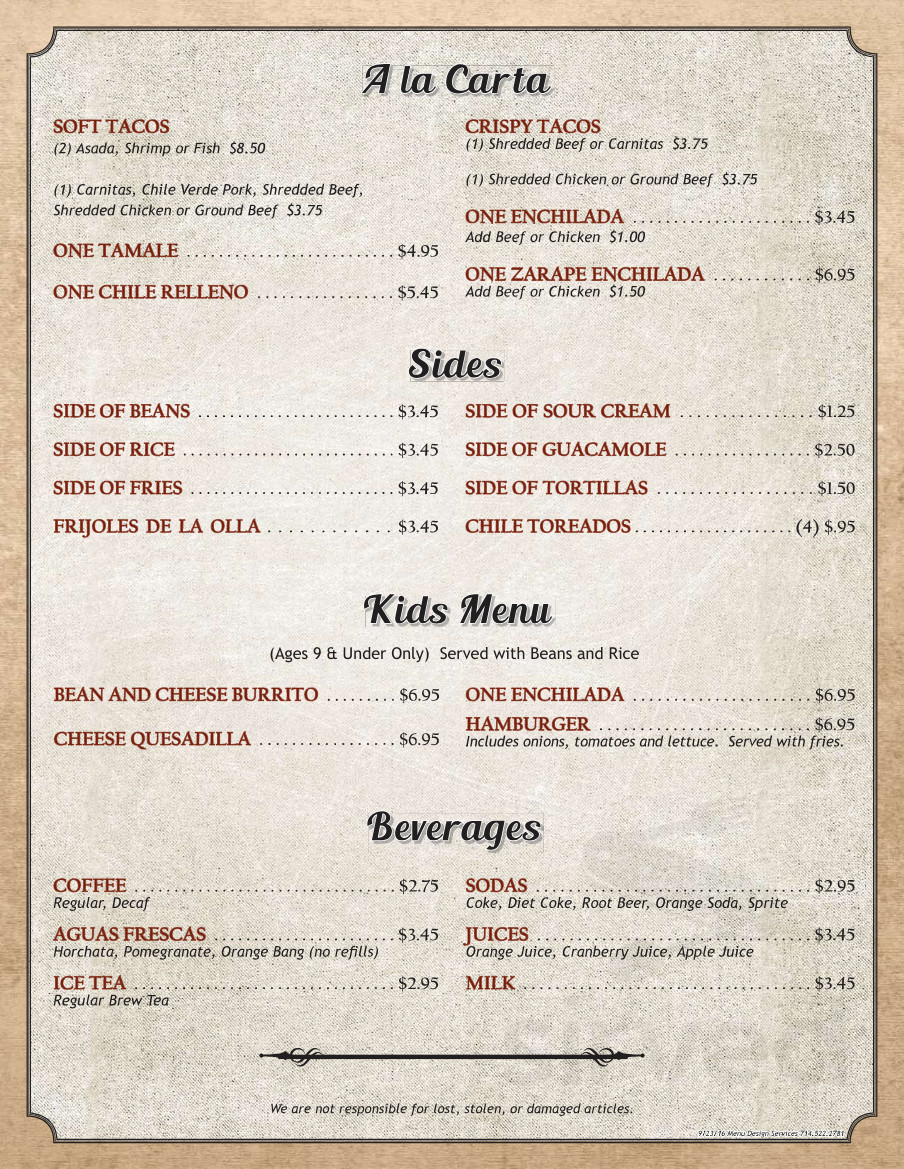 El Zarape Mexican Restaurant menu in Cypress, California, USA