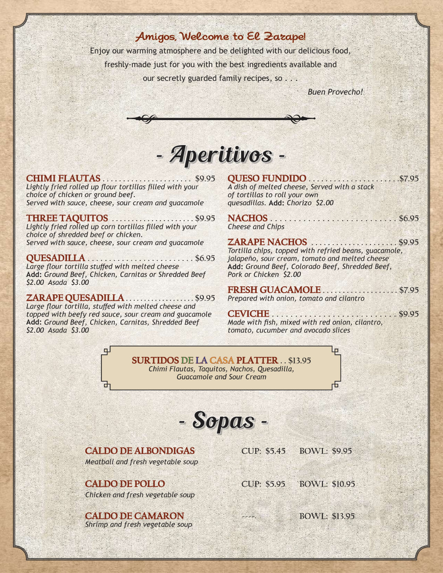 El Zarape Mexican Restaurant menu in Cypress, California, USA