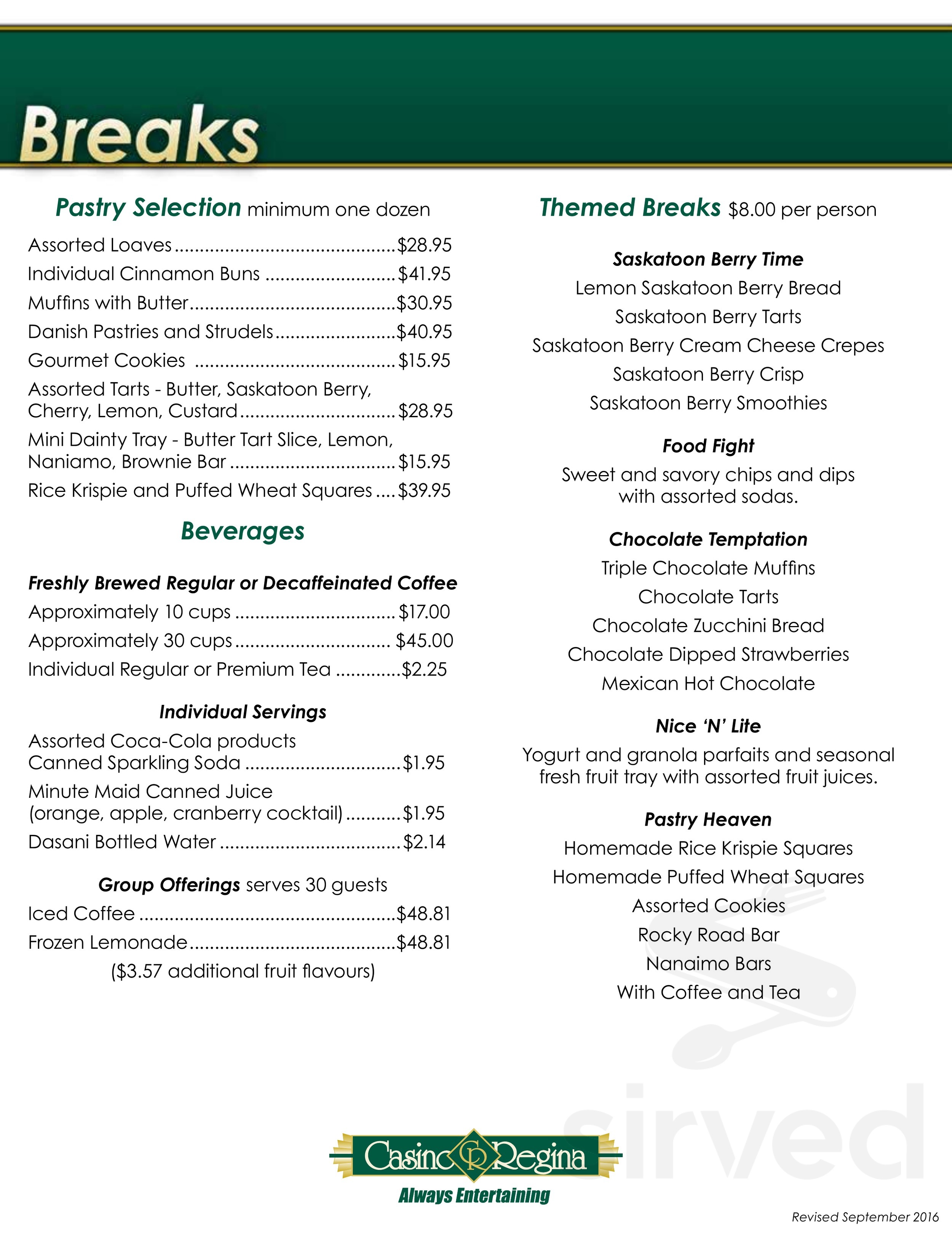 Casino Regina menu in Regina, Saskatchewan, Canada