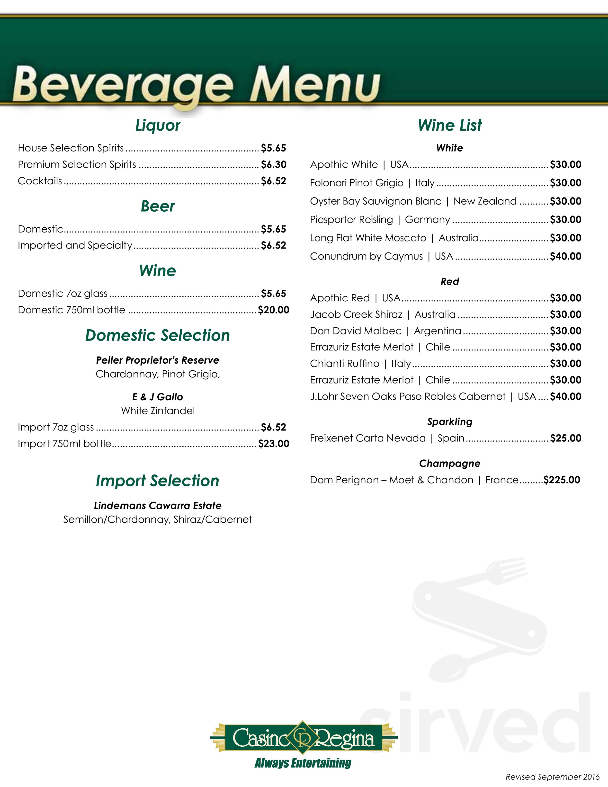 Casino Regina menu in Regina, Saskatchewan, Canada