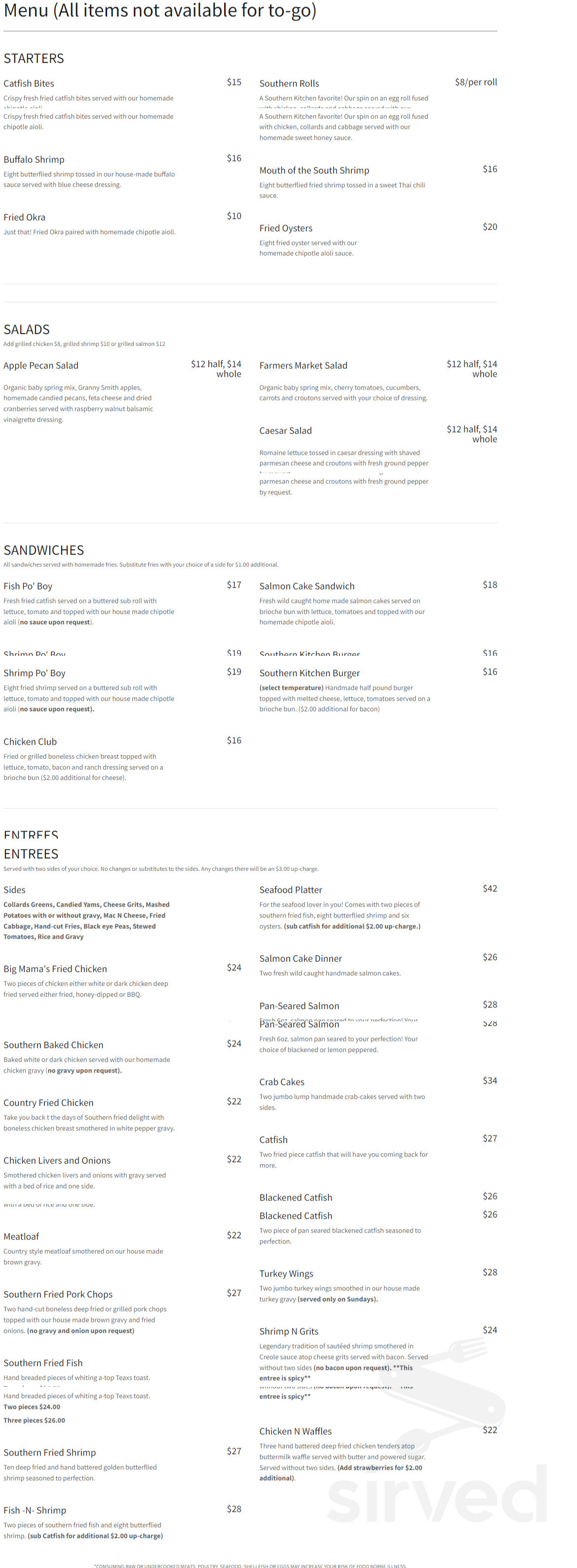 Southern Kitchen menu in Richmond, Virginia, USA
