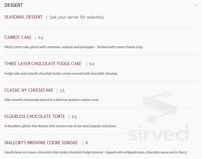 Menu for Mallory's Restaurant & Rooftop Bar in Hudson, WI | Sirved