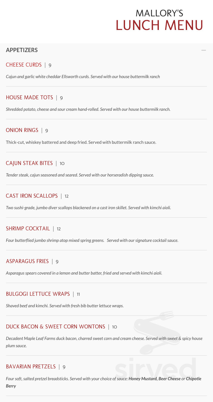 Menu for Mallory's Restaurant & Rooftop Bar in Hudson, WI | Sirved