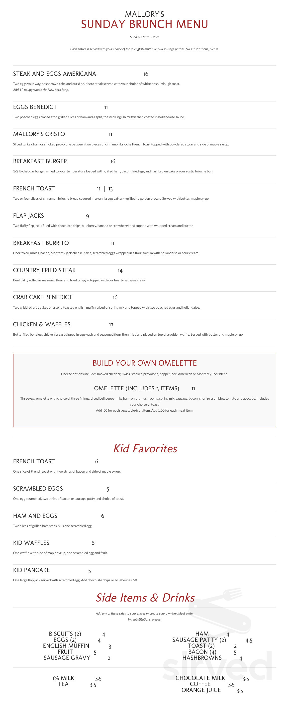 Menu for Mallory's Restaurant & Rooftop Bar in Hudson, WI | Sirved