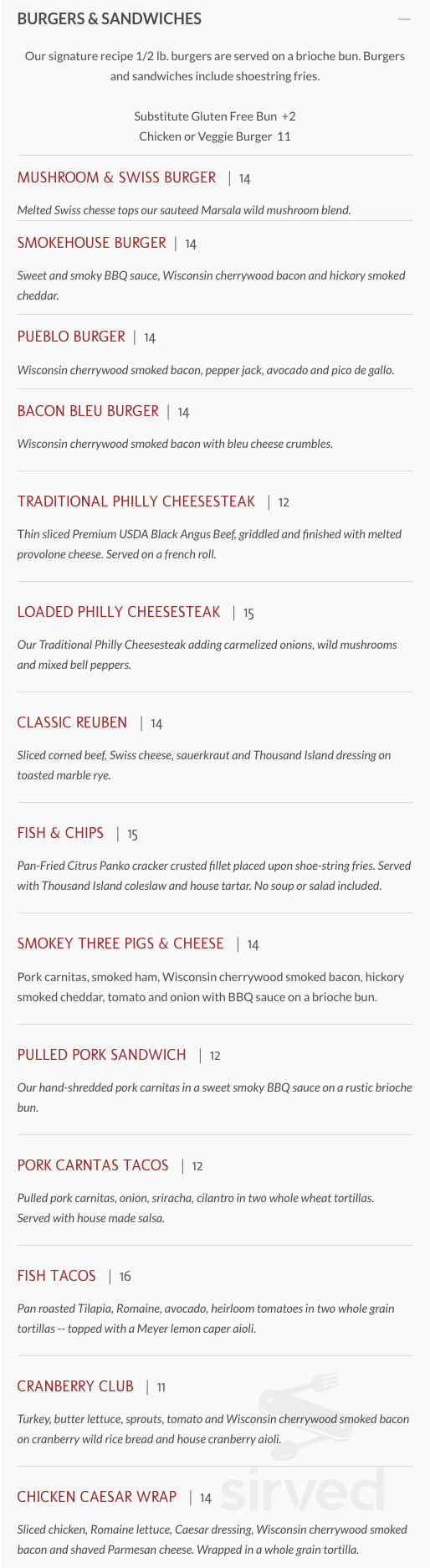 Mallory's Restaurant & Rooftop Bar menu in Hudson, Wisconsin, USA