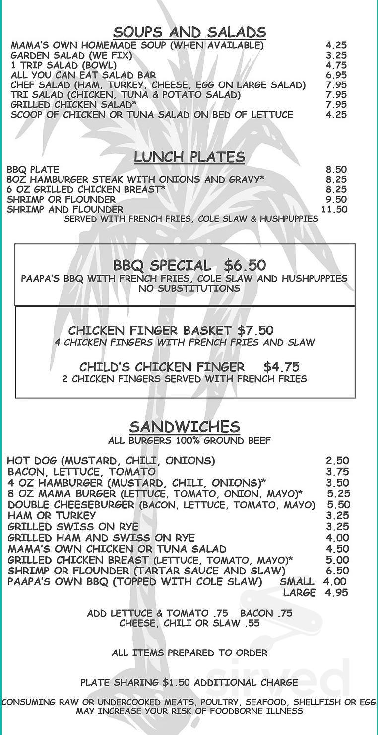 Mama Jean's Restaurant menu in Little River, South Carolina, USA