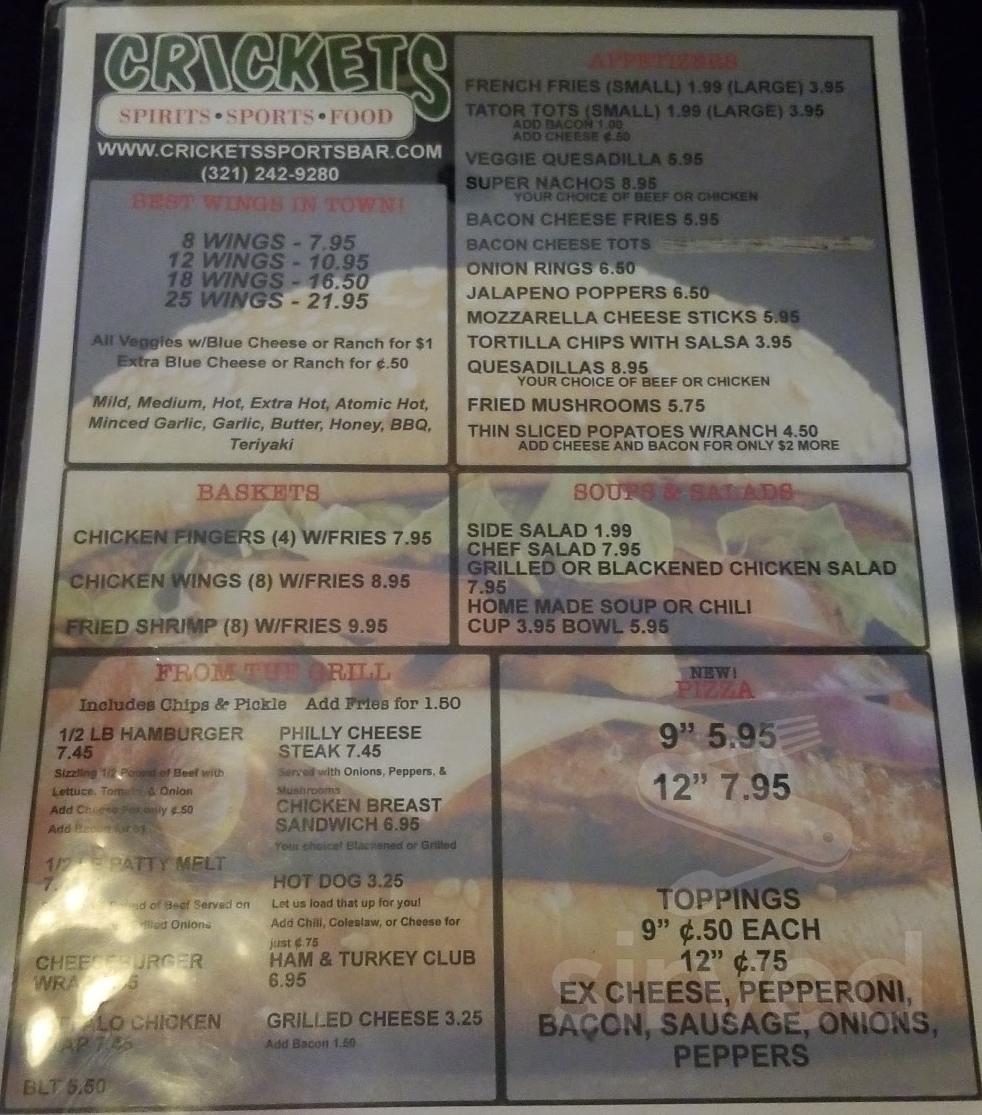 Crickets Spirits Sports & Food menu in Melbourne, Florida, USA