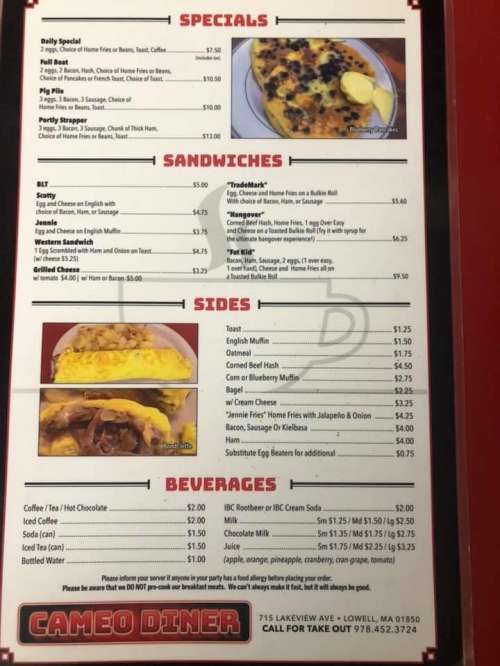Cameo Diner menu in Lowell, Massachusetts, USA