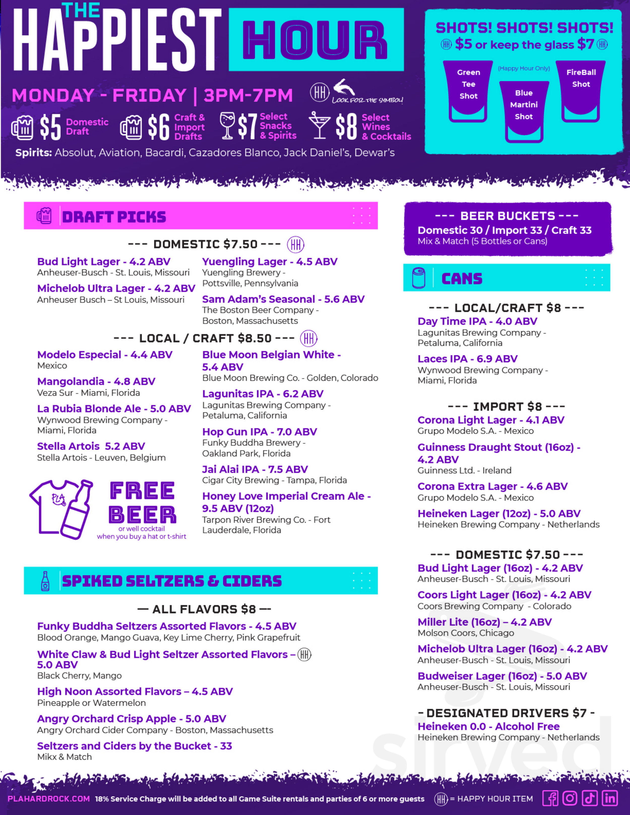 PLA HARD ROCK menu in Davie, Florida, USA