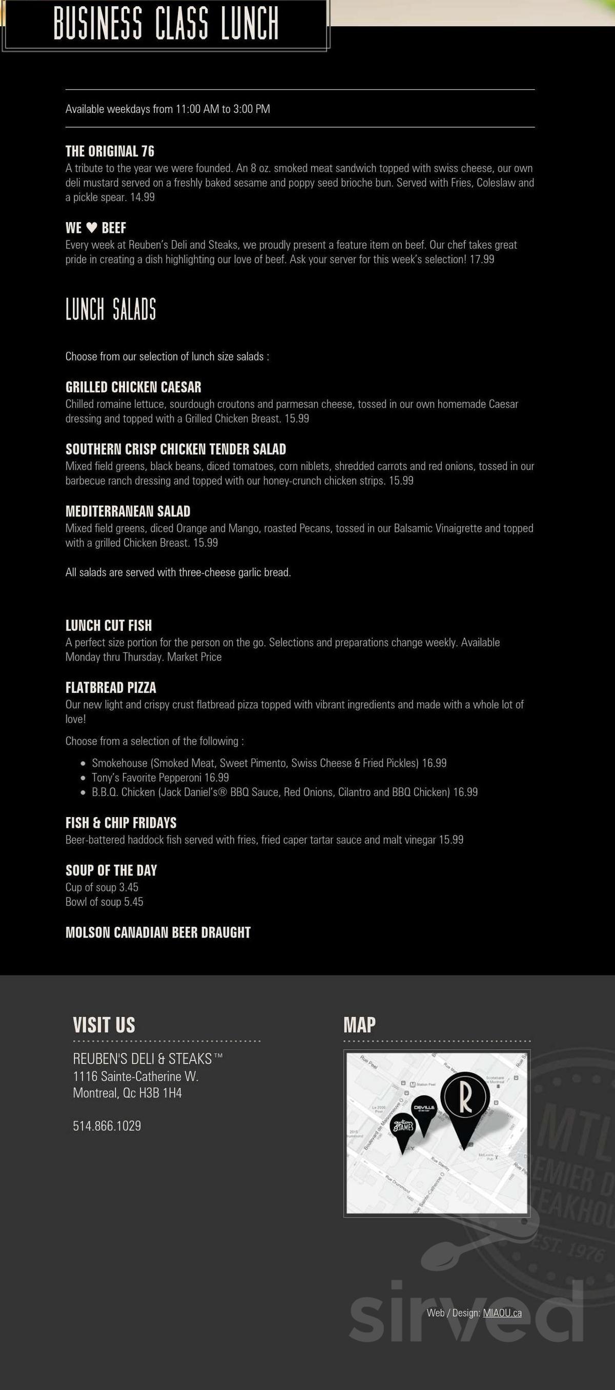 Menu - Montréal QC's Reuben's Deli & Steakhouse | Sirved