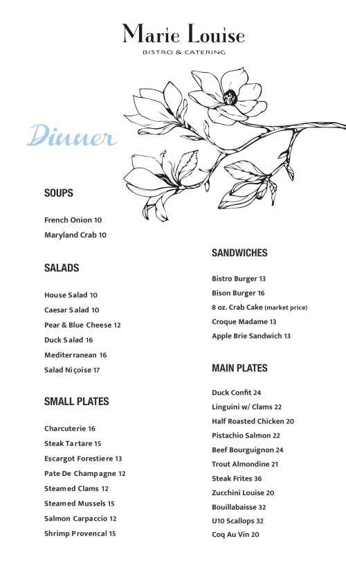 Marie Louise Bistro menu in Baltimore, Maryland, USA