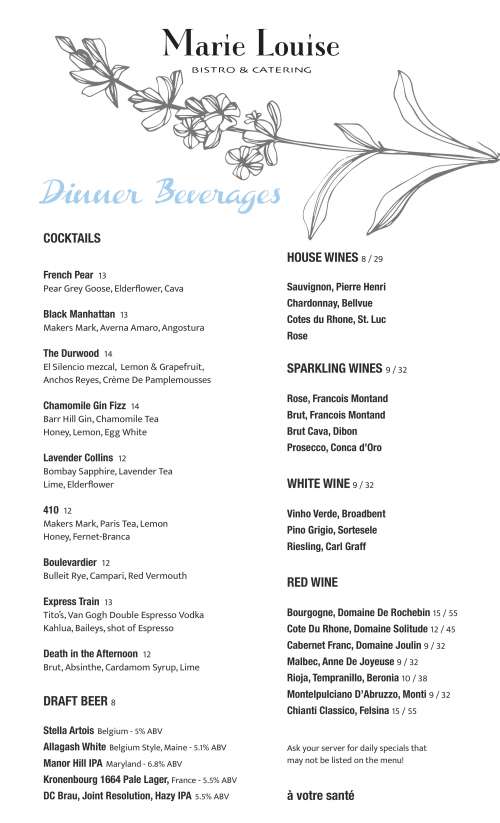 Marie Louise Bistro menu in Baltimore, Maryland, USA