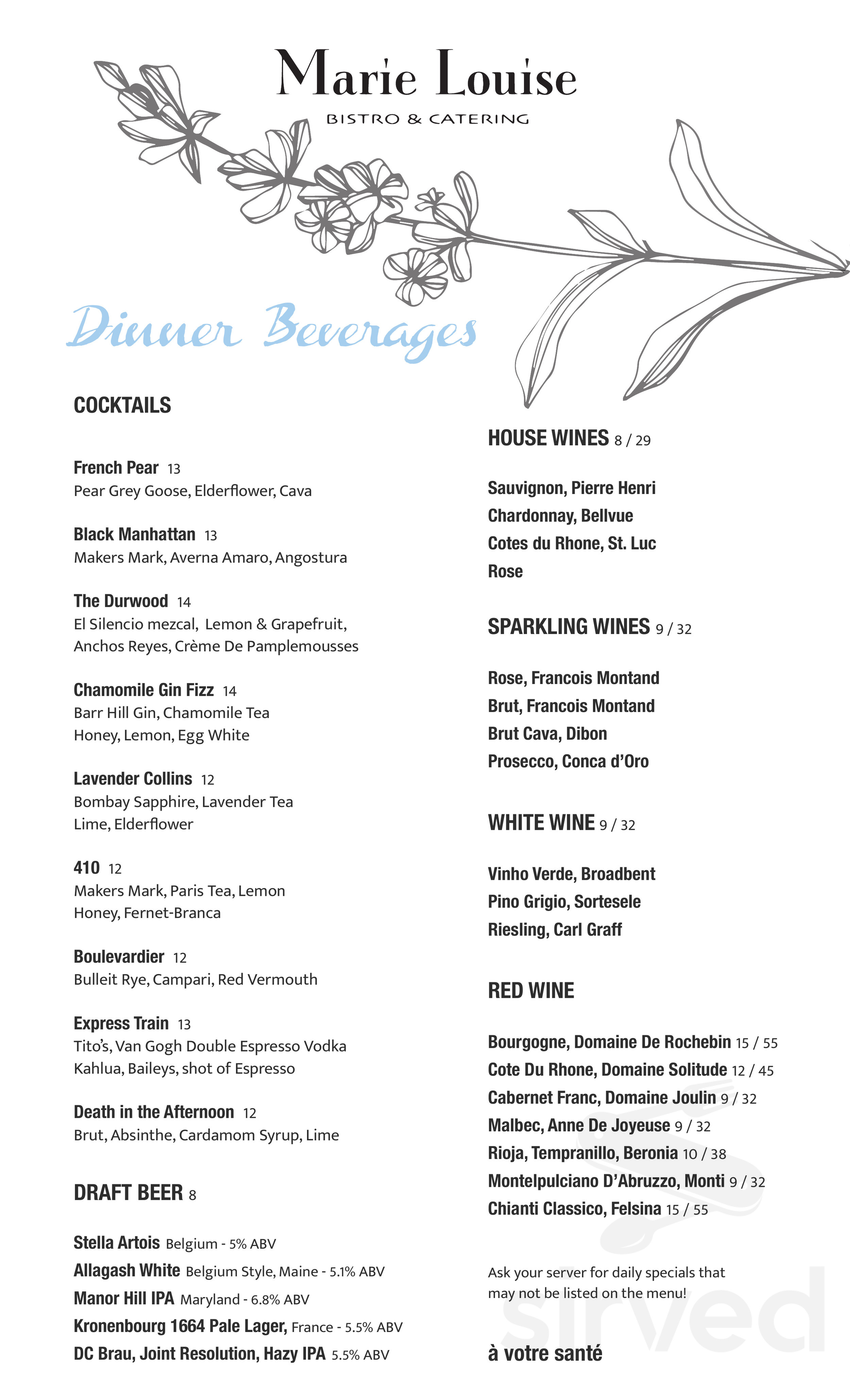 Marie Louise Bistro menu in Baltimore, Maryland, USA