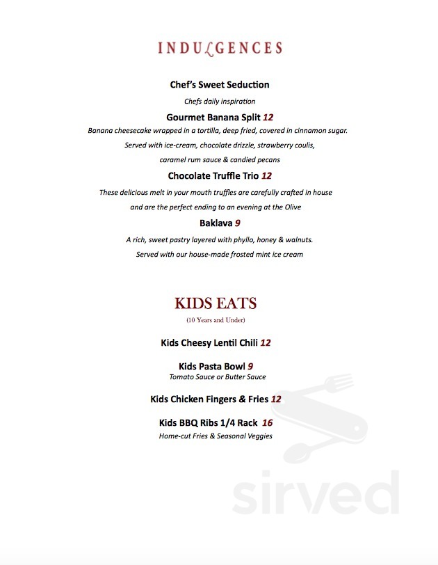 Menu - Jasper AB's Olive Bistro & Lounge Inc | Sirved