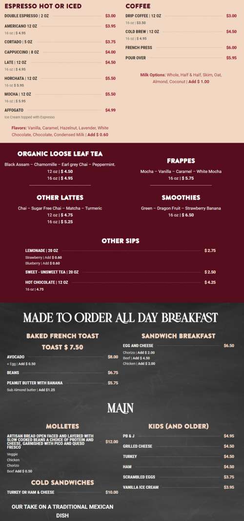 Reyna's Espresso & Sweets menu in Lawrenceville, Georgia, USA