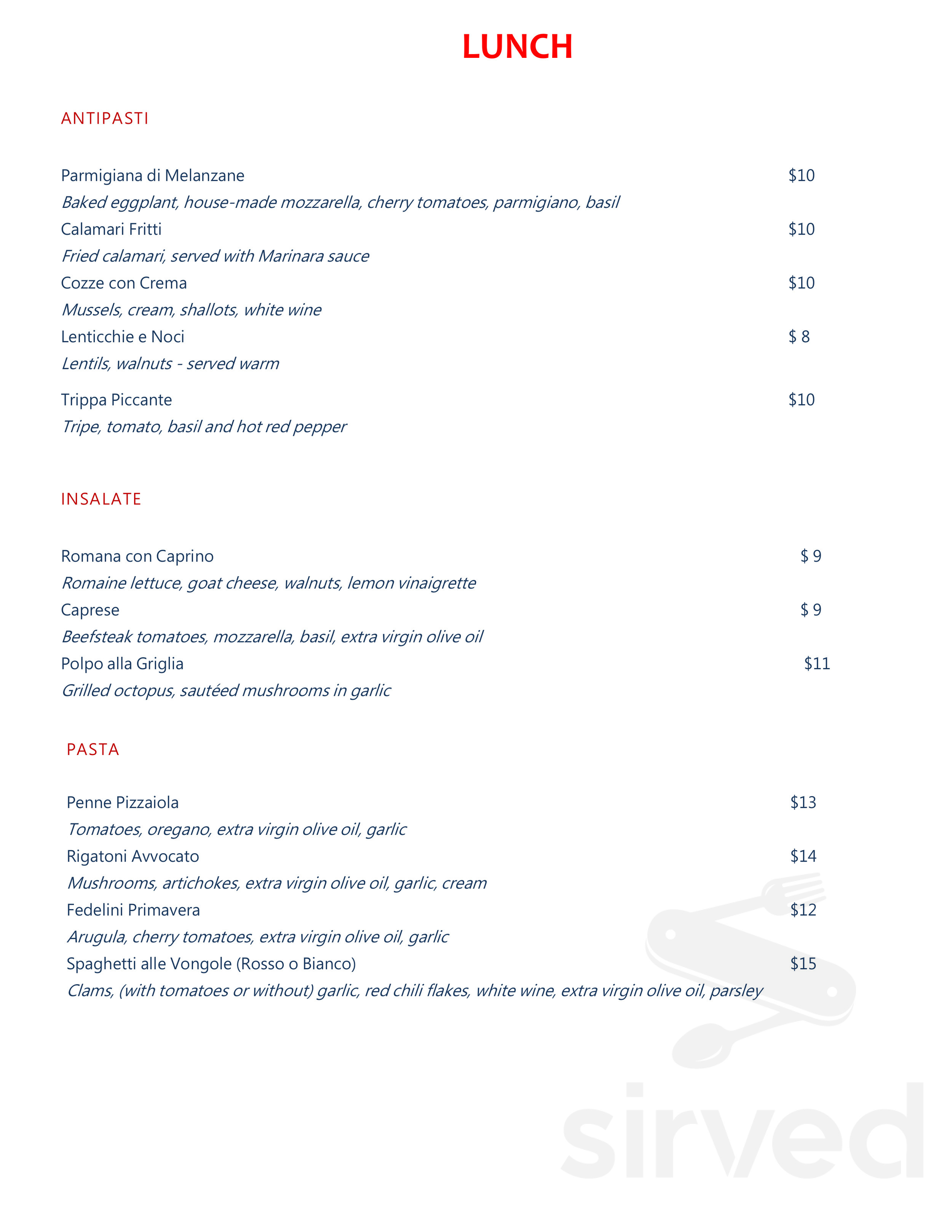 Menu for Bricco Ristorante Italiano in Bluffton, SC | Sirved