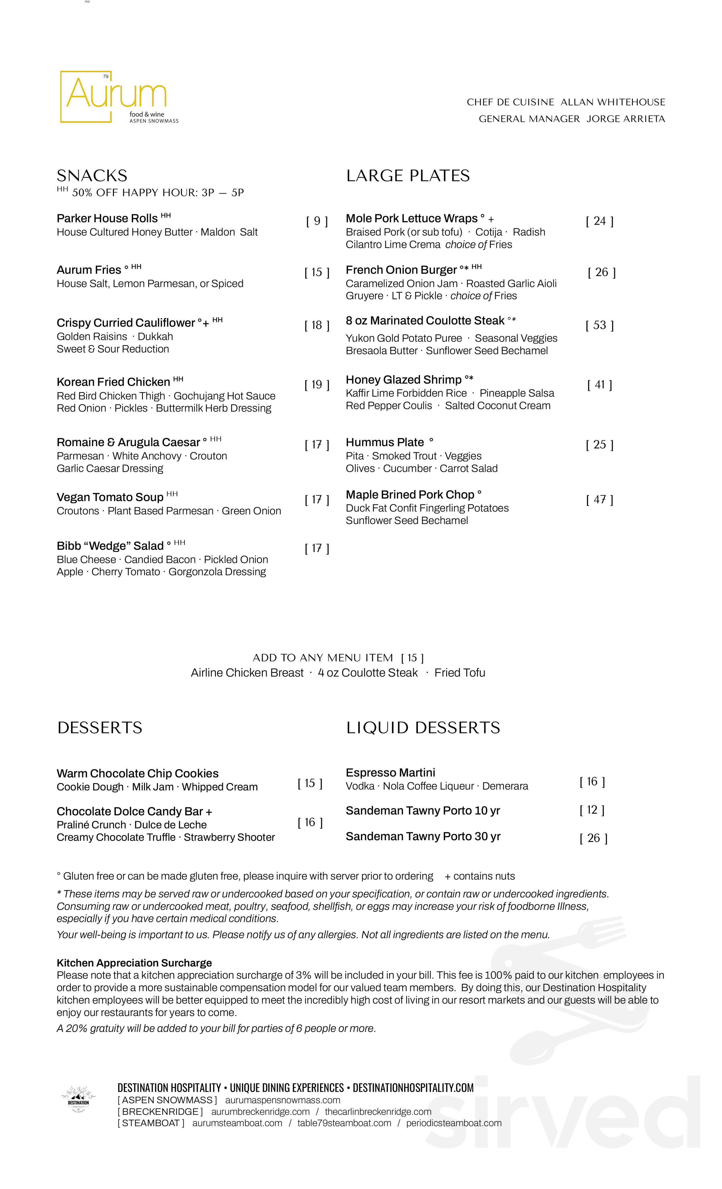 Aurum Food & Wine Aspen Snowmass menu in Snowmass Village, Colorado, USA