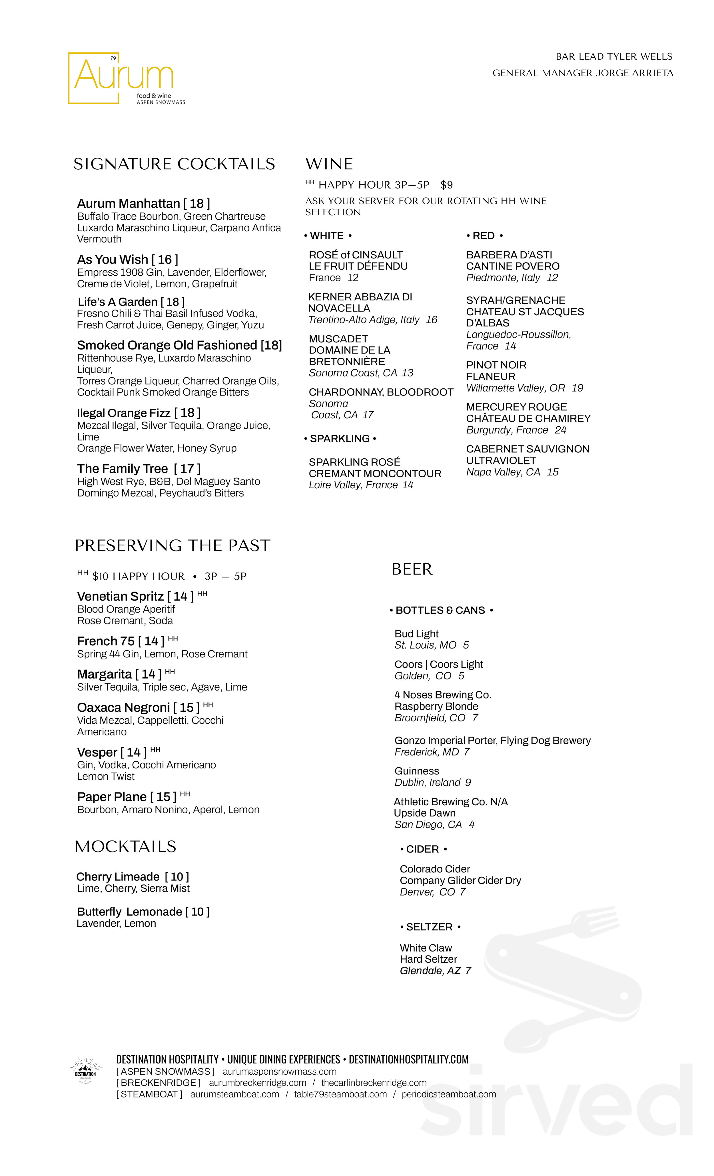 Aurum Food & Wine Aspen Snowmass menu in Snowmass Village, Colorado, USA