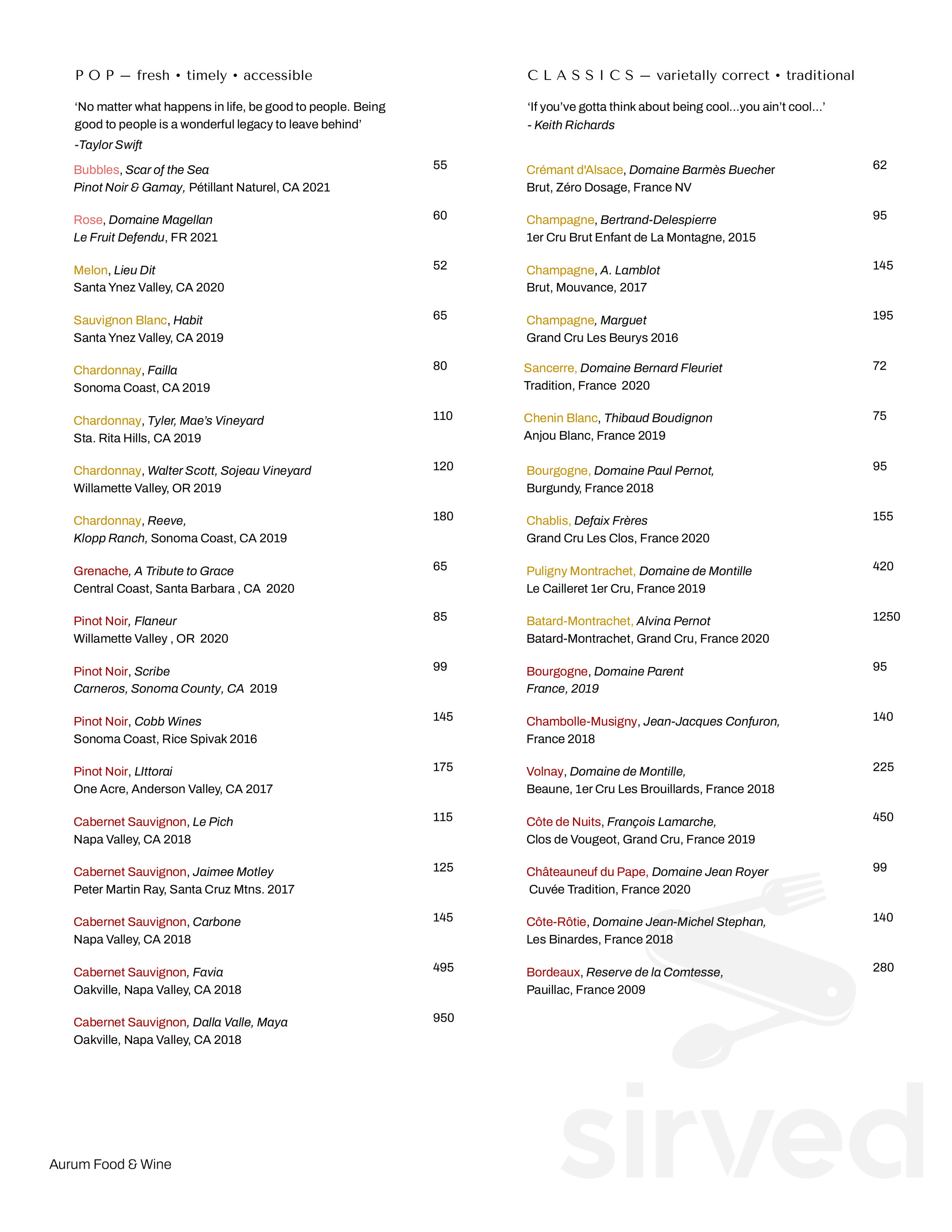 Aurum Food & Wine Aspen Snowmass menu in Snowmass Village, Colorado, USA